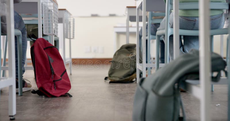 Classroom, Floor and Feet of Students with Backpack for Education ...