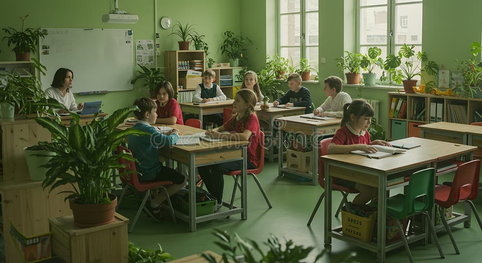 Classroom Focus: Students Engaged in Learning, Verdant Setting Stock ...