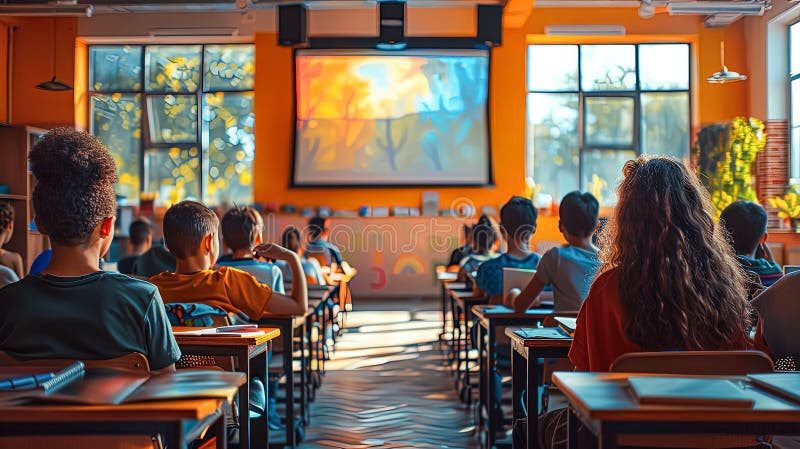 A Classroom Full of Students with a Projector Screen in the Background ...