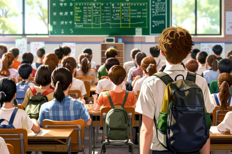 A Classroom Full of Students Sitting at Desks in Front of a Blackboard ...