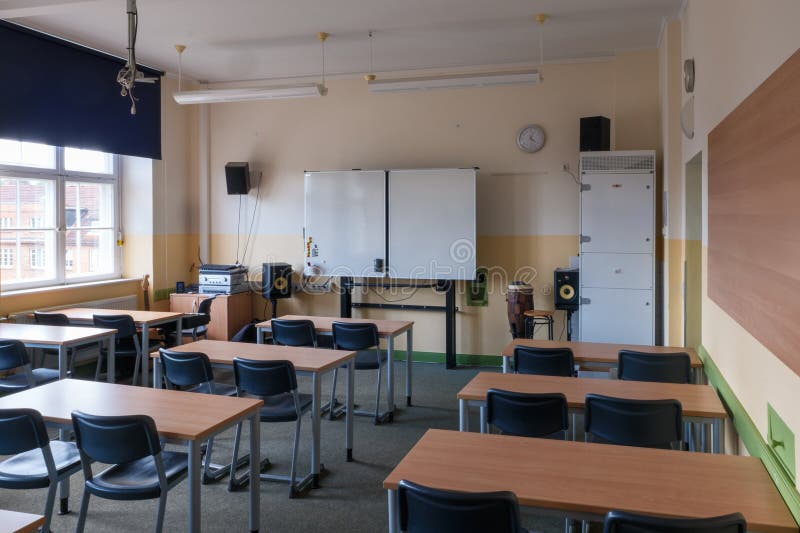 A Classroom Full of Tables and Chairs Stock Photo - Image of student ...