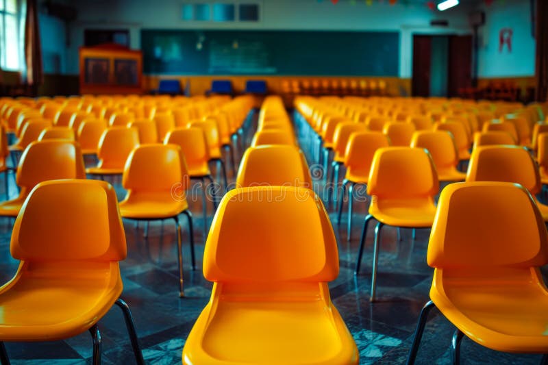 Classroom Full of Yellow Chairs that are Empty and in Order. Generative ...