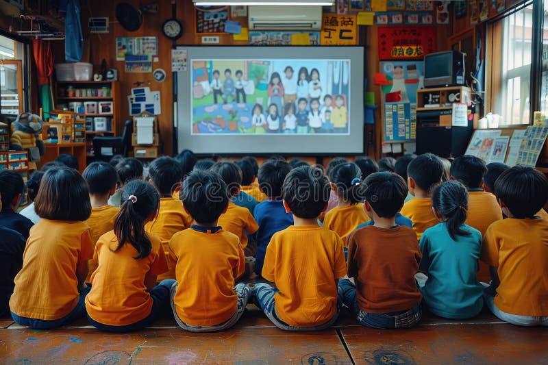 Preschoolers Watching Educational Cartoon on Projector Screen in ...