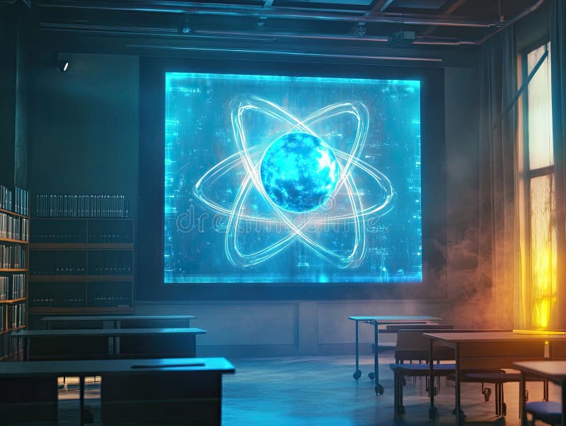 Classroom with Futuristic Atomic Model Displayed on Large Screen during ...