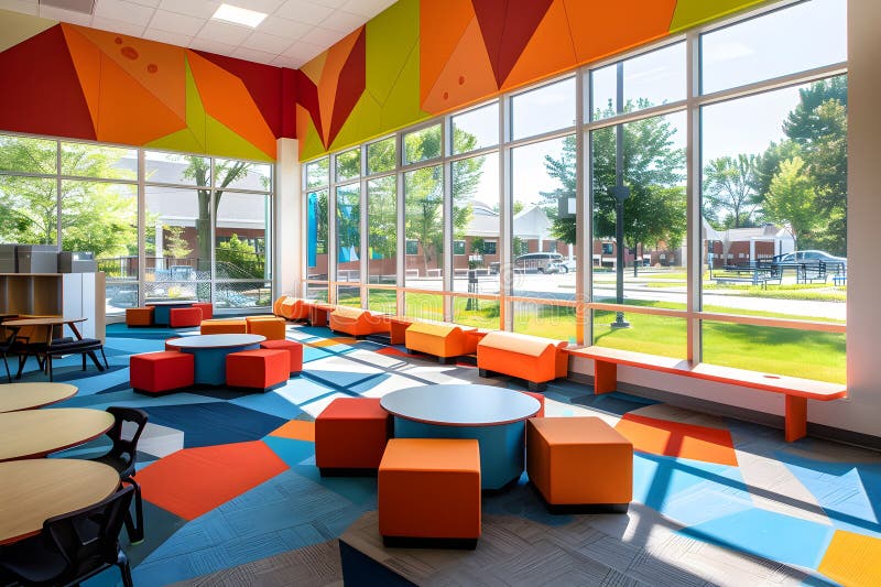 Bright Modern Classroom with Geometric Wall Designs and Colorful ...