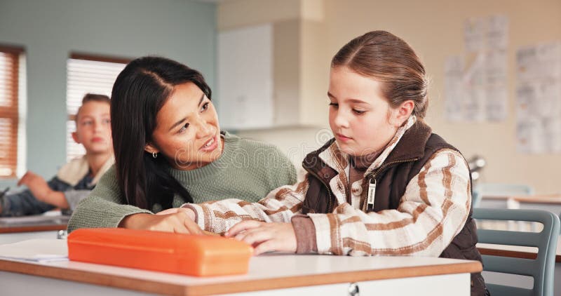Classroom, Girl and Teacher for Education Help, School and Learning for Assignment in Junior ...
