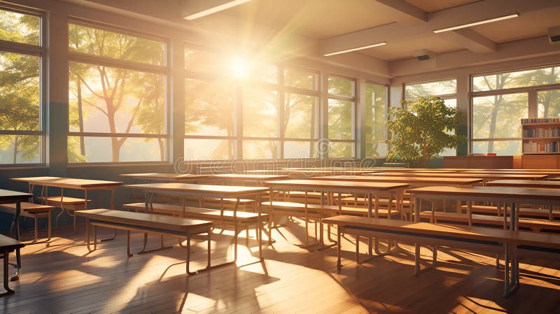 A Classroom at Golden Hour, with the Sunlight Streaming through Windows ...