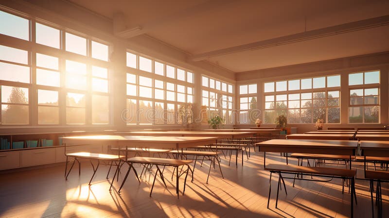 A Classroom at Golden Hour, with the Sunlight Streaming through Windows ...