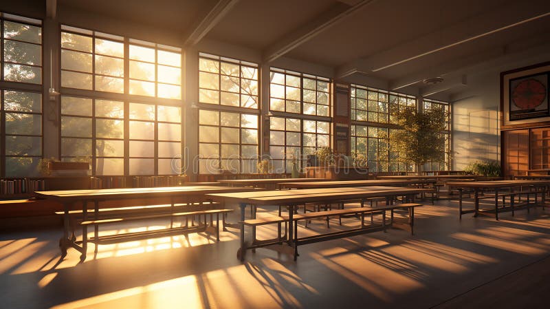 A Classroom at Golden Hour, with the Sunlight Streaming through Windows ...