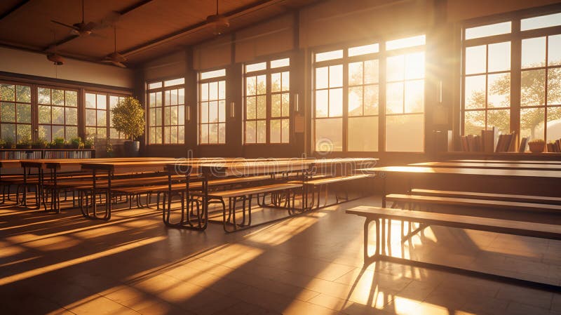 A Classroom at Golden Hour, with the Sunlight Streaming through Windows ...