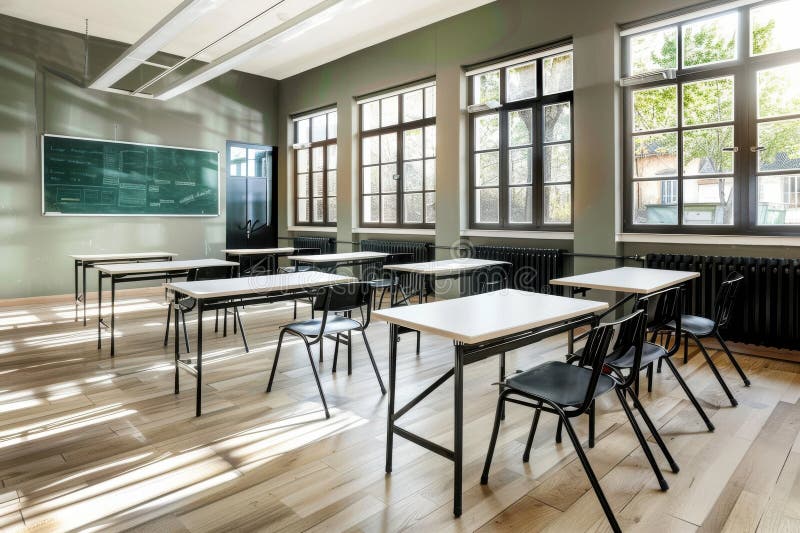 A Classroom with a Green Board and a Lot of Chairs Stock Image - Image ...