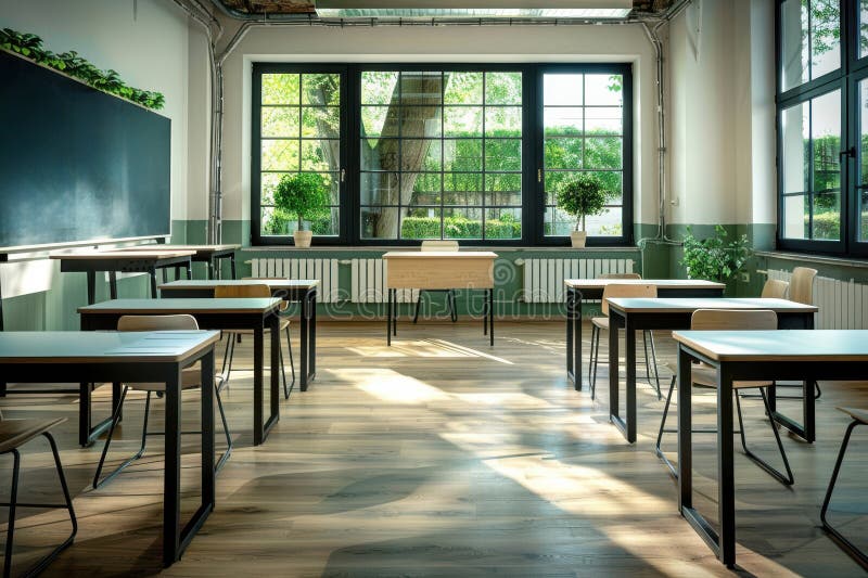 A Classroom with a Green Board and a Lot of Chairs Stock Photo - Image ...
