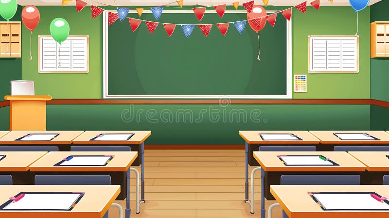 A Classroom with a Green Board with the Words School on it Stock ...