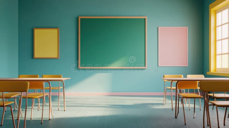 A Classroom with a Green Board and Yellow Chairs Stock Illustration ...