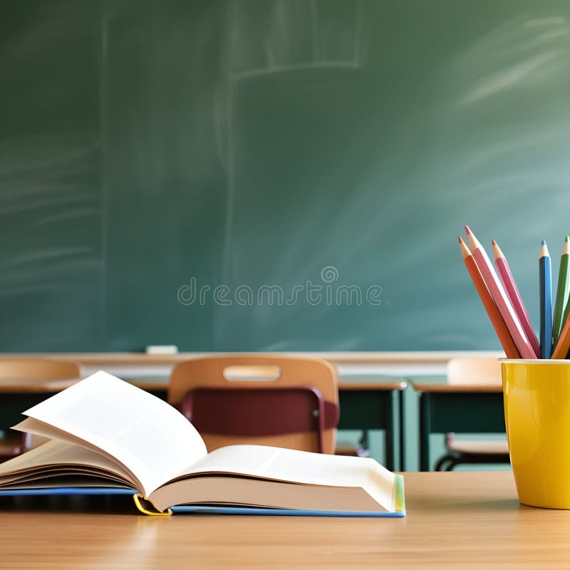 Classroom or School Building, Book and Pencil on Table with Classroom ...