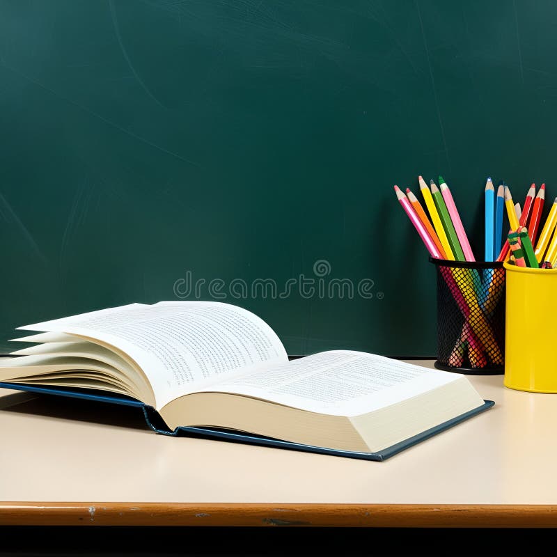 Classroom or School Building, Book and Pencil on Table with Classroom Chalkboard Copy Space ...