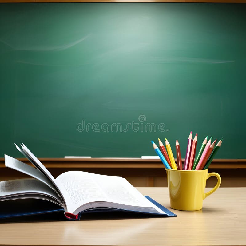 Classroom or School Building, Book and Pencil on Table with Classroom ...