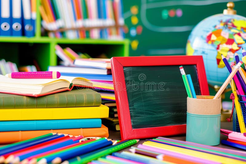 A Classroom with a Green Chalkboard and a Stack of Books Stock Image ...