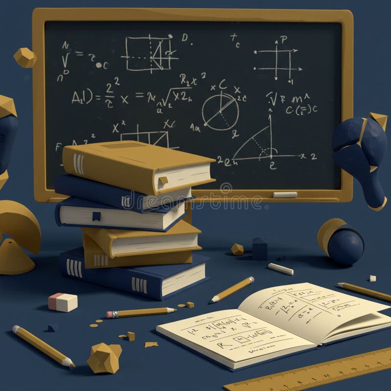 A Classroom-inspired Scene Features a Stack of Books in Muted Blue and ...