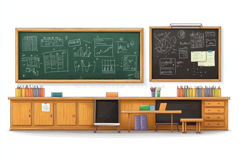 Classroom with Interactive Boards, Charts, and Wooden Desk Stock ...