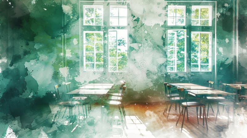 Classroom Interior with Chairs, Desks, and Large Windows, Educational ...