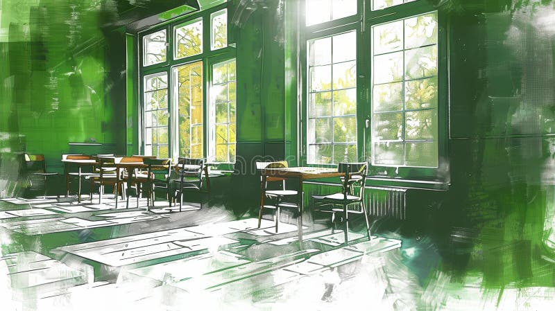Classroom Interior with Chairs, Desks, and Large Windows, Educational ...
