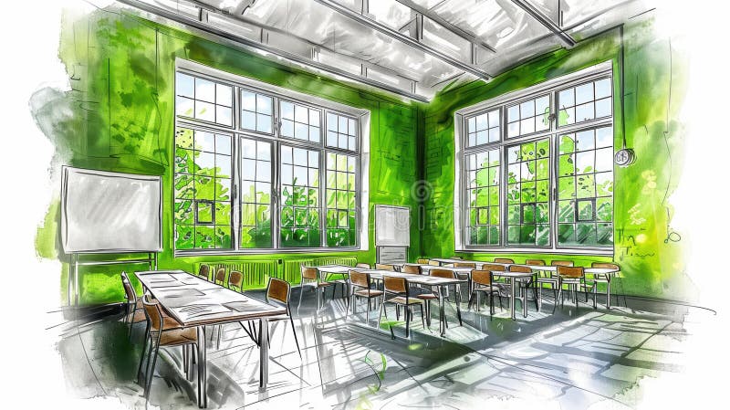 Classroom Interior with Chairs, Desks, and Large Windows, Educational ...