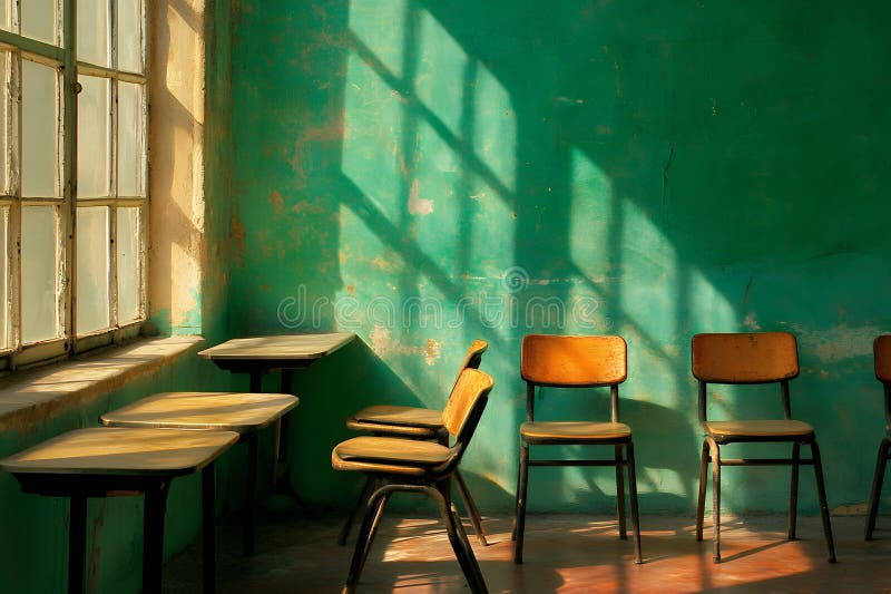 Classroom Interior with Chairs and Desks Near Window and Green Wall ...