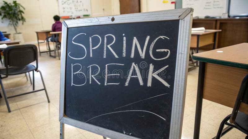 Classroom Interior, Chalkboard with "SPRING BREAK" Written Stock ...