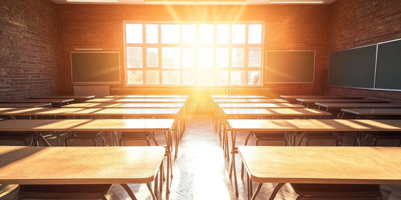 Classroom Interior with Desks and Blackboards Illuminated by Sunlight ...