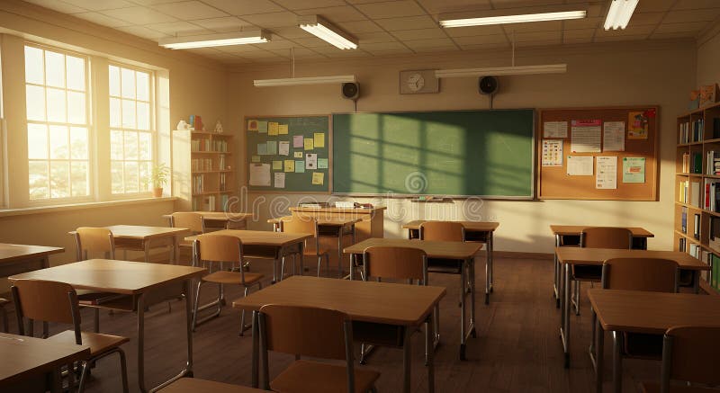 Classroom Interior Desks, Chalkboard, and Sunlight in Empty Education ...