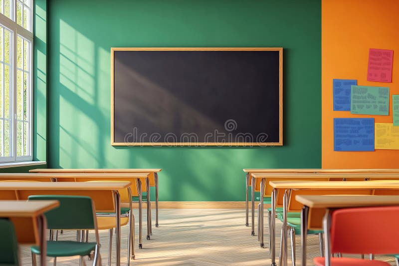 Classroom Interior with Empty Desks, Blackboard, and Colorful ...