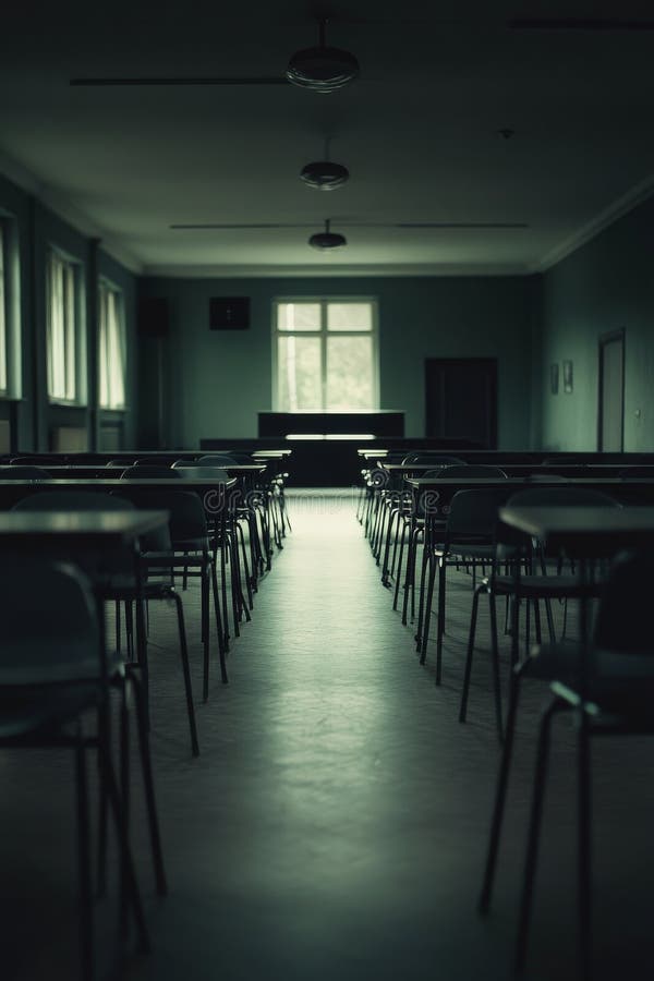 Classroom Interior with Empty Desks and Dim Lighting during Evening ...