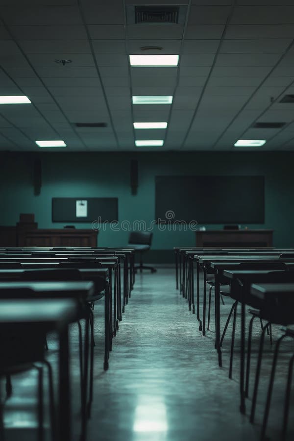 Classroom Interior with Empty Desks and Dim Lighting during Evening ...