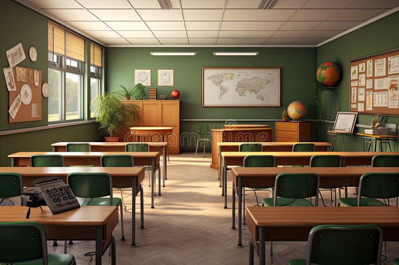 Classroom Interior with Green Walls and Wooden Floor Stock Illustration ...