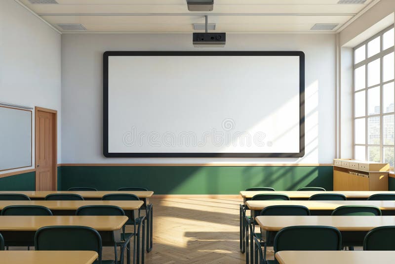 Classroom Interior with Large Blank White Screen for Educational ...