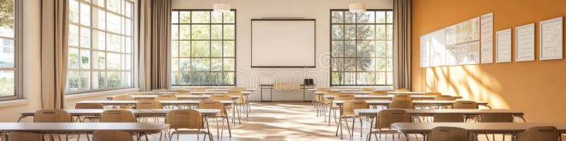 Classroom Interior. Panoramic View of an Empty Classroom with Tables ...