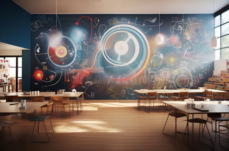 Classroom with Large Blackboard with Physics Elements Education in ...