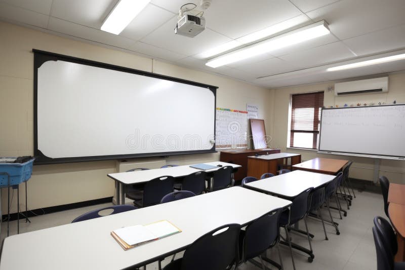 Classroom with Large Whiteboard and Markers, Ready for Lecture or ...