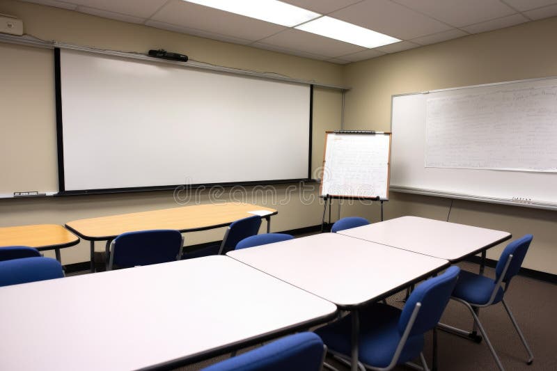 Classroom with Large Whiteboard and Markers, Ready for Lecture or ...
