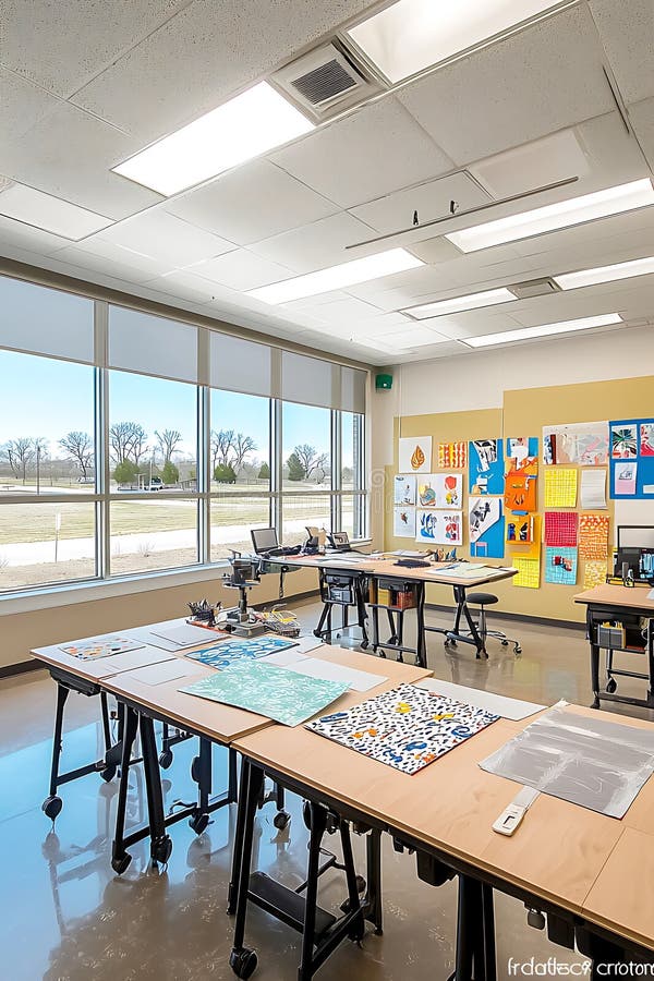 A Classroom with a Large Window and a Wall of Posters Stock Photo ...