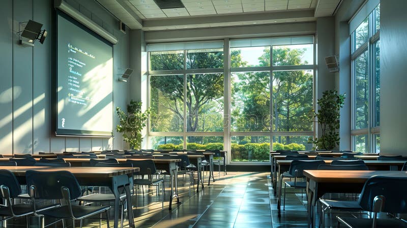 A Classroom with Large Windows and Chairs Stock Image - Image of ...