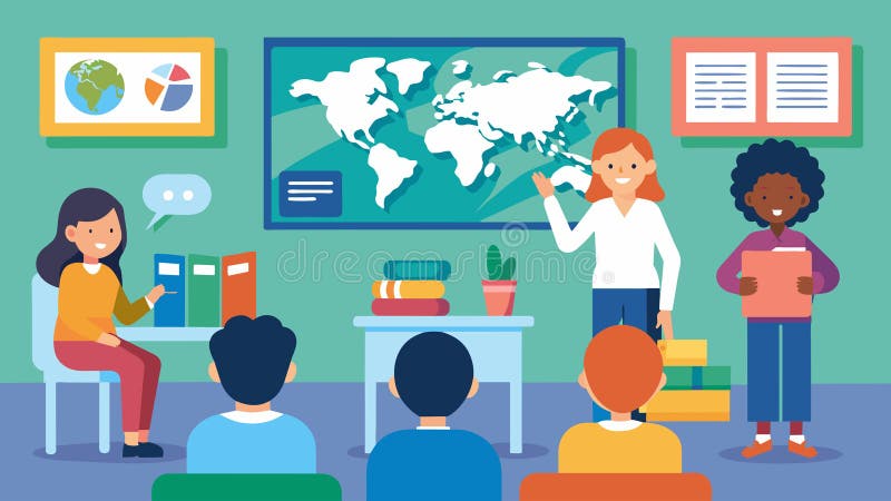 A Classroom with a Large World Map and Posters Depicting Different ...