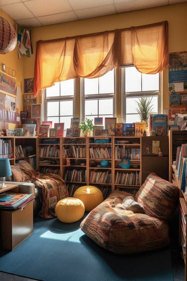Classroom Library with Diverse Books and Comfy Seating Stock ...
