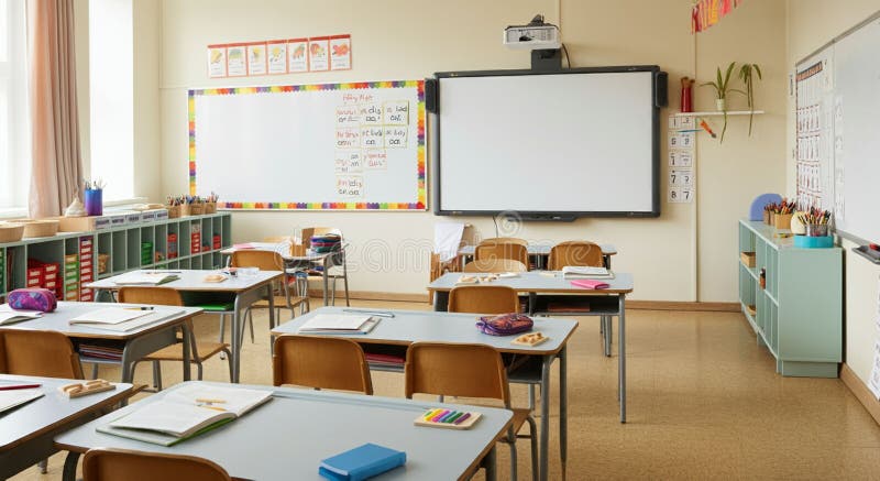 Classroom with Light-colored Walls, Filled with Small Rectangular Desks ...