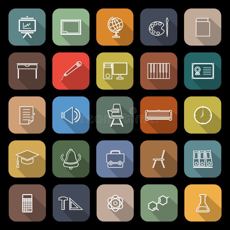 Classroom Line Flat Icons with Long Shadow Stock Vector - Illustration ...