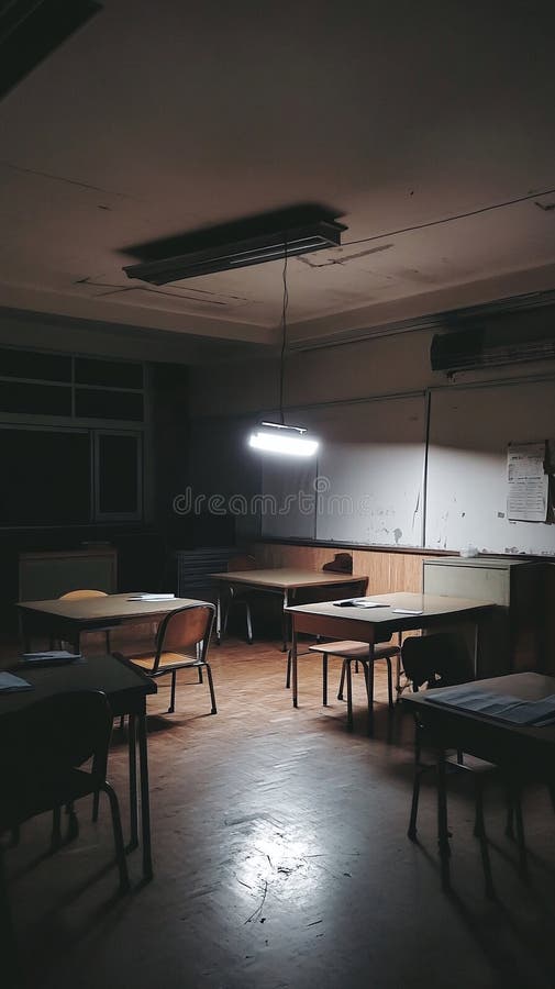 Classroom Lit by Emergency Lights As Students Continue Lessons during a ...