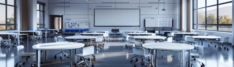 Modern Classroom with Blue Chairs and Round White Tables Stock ...