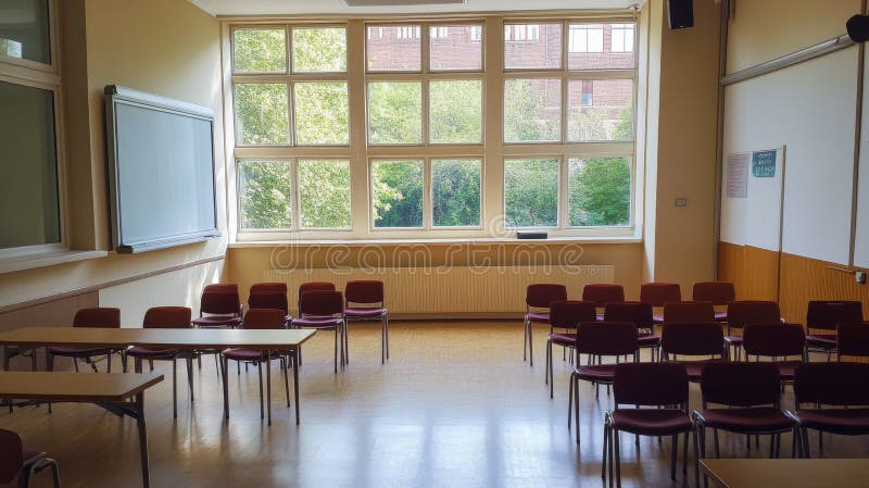 Classroom with Natural Light and Rows of Red Chairs Stock Image - Image ...