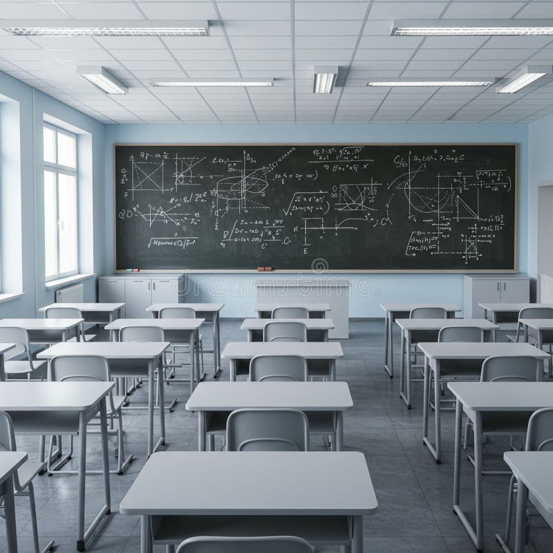 Classroom with Neatly Arranged Light Gray Desks and Chairs, Facing a ...